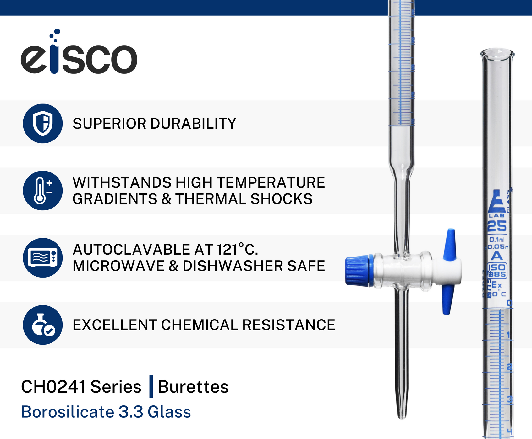 Schellbach Burette, 25mL - Class A - PTFE Stopcock - Blue Graduations ...
