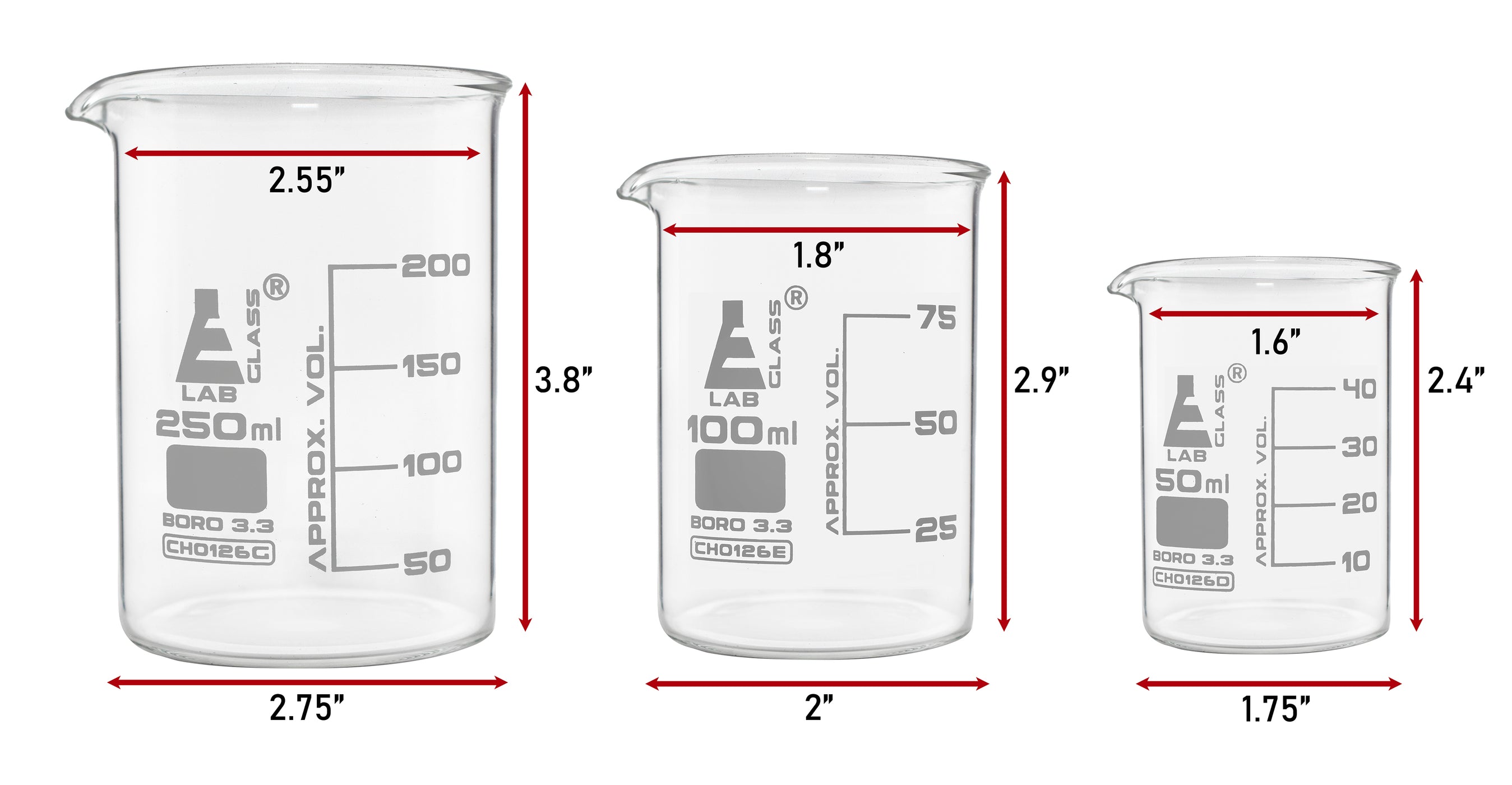 3 Piece Beaker Set - 250mL, 100mL & 50mL - Low Form - Borosilicate Gla ...