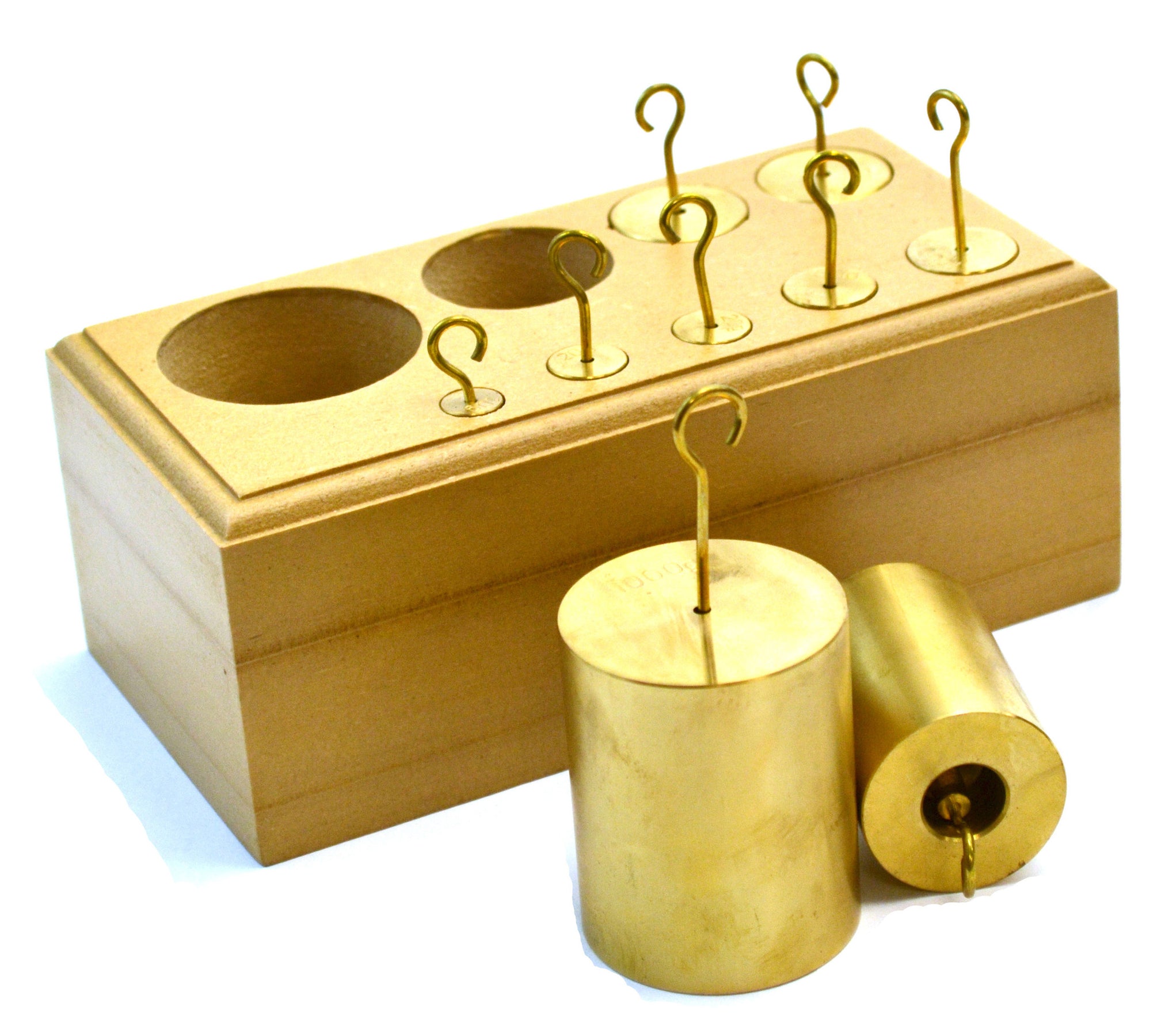 Hooked Brass Weights, Set of 9 weights, 10-1000g in wooden block — hBARSCI