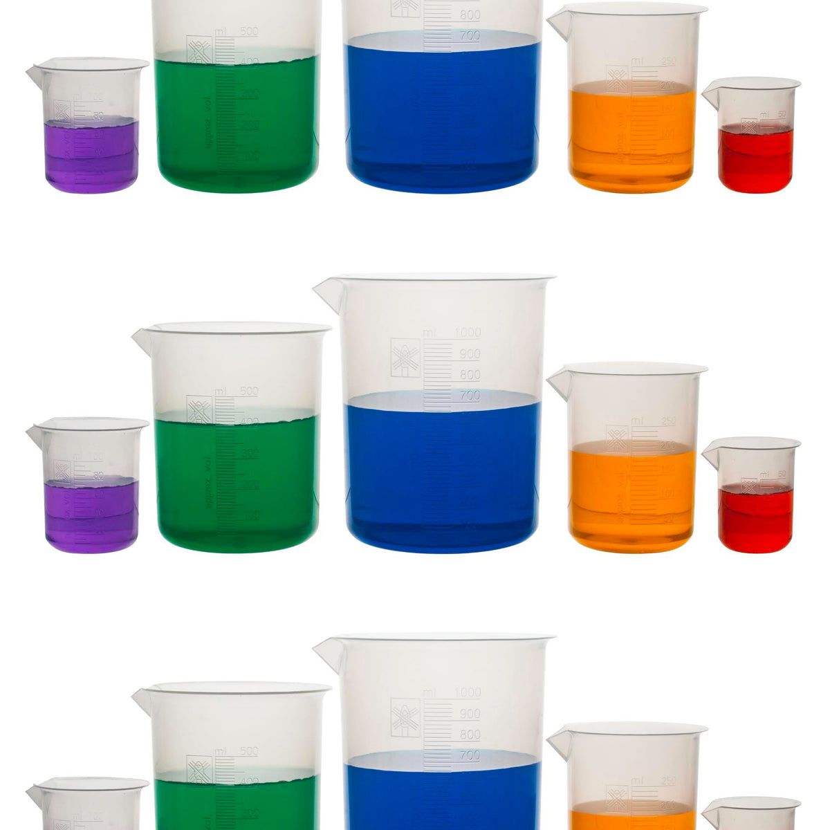 15 Piece Beaker Set - Polypropylene - Raised Graduations - 3x 50mL, 10 ...