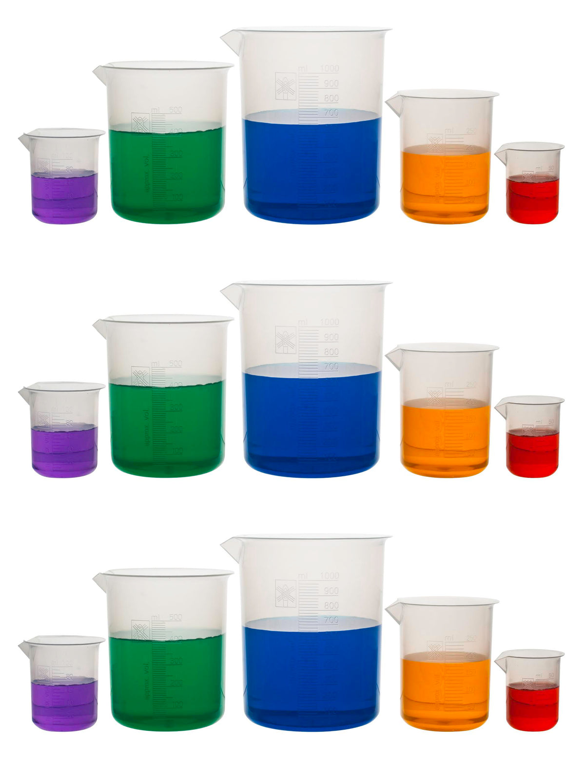 15 Piece Beaker Set - Polypropylene - Raised Graduations - 3x 50mL, 10 ...
