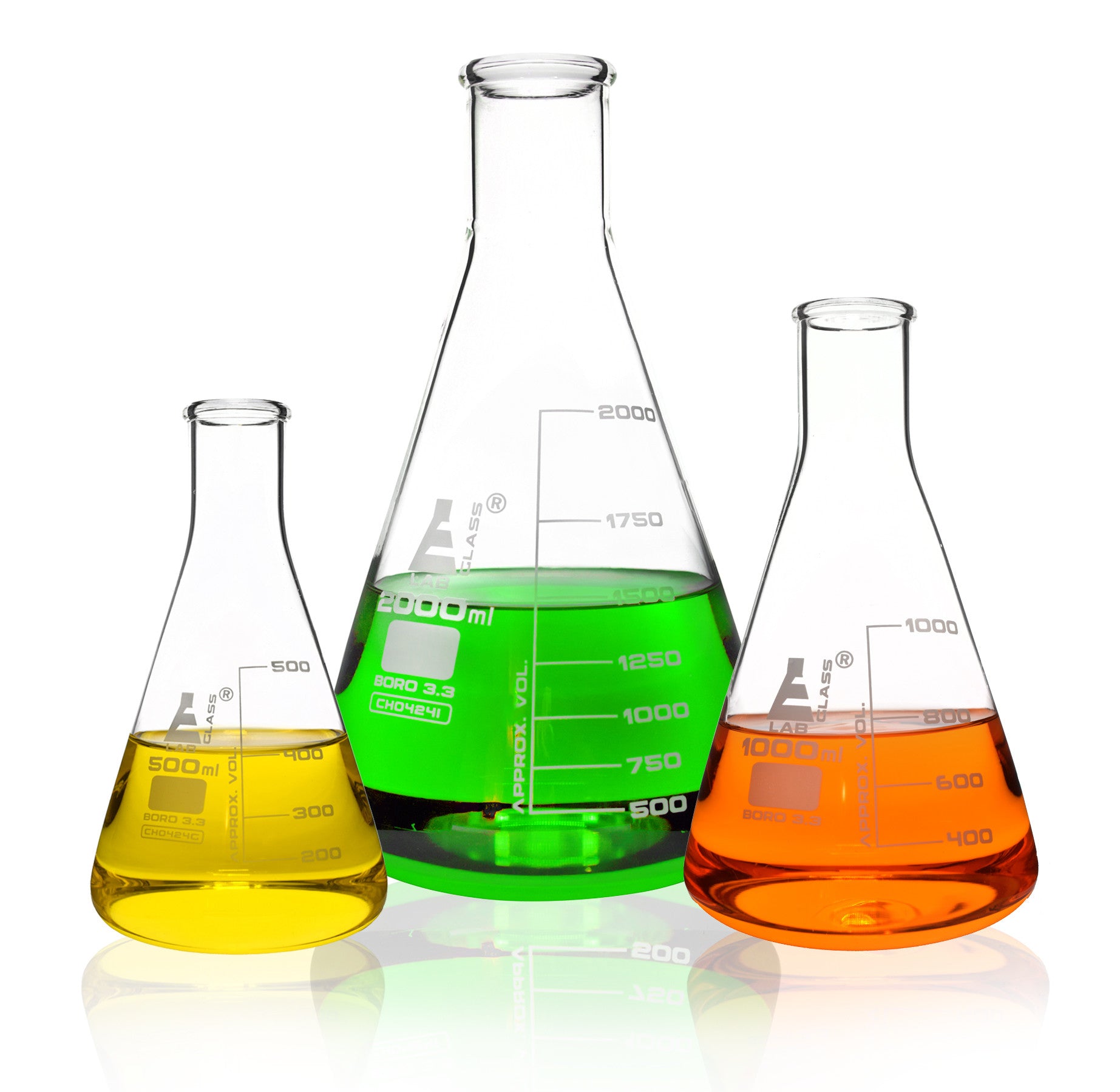 Premium Erlenmeyer Flask Set - 500ml, 1000ml & 2000ml - Narrow Neck, W ...