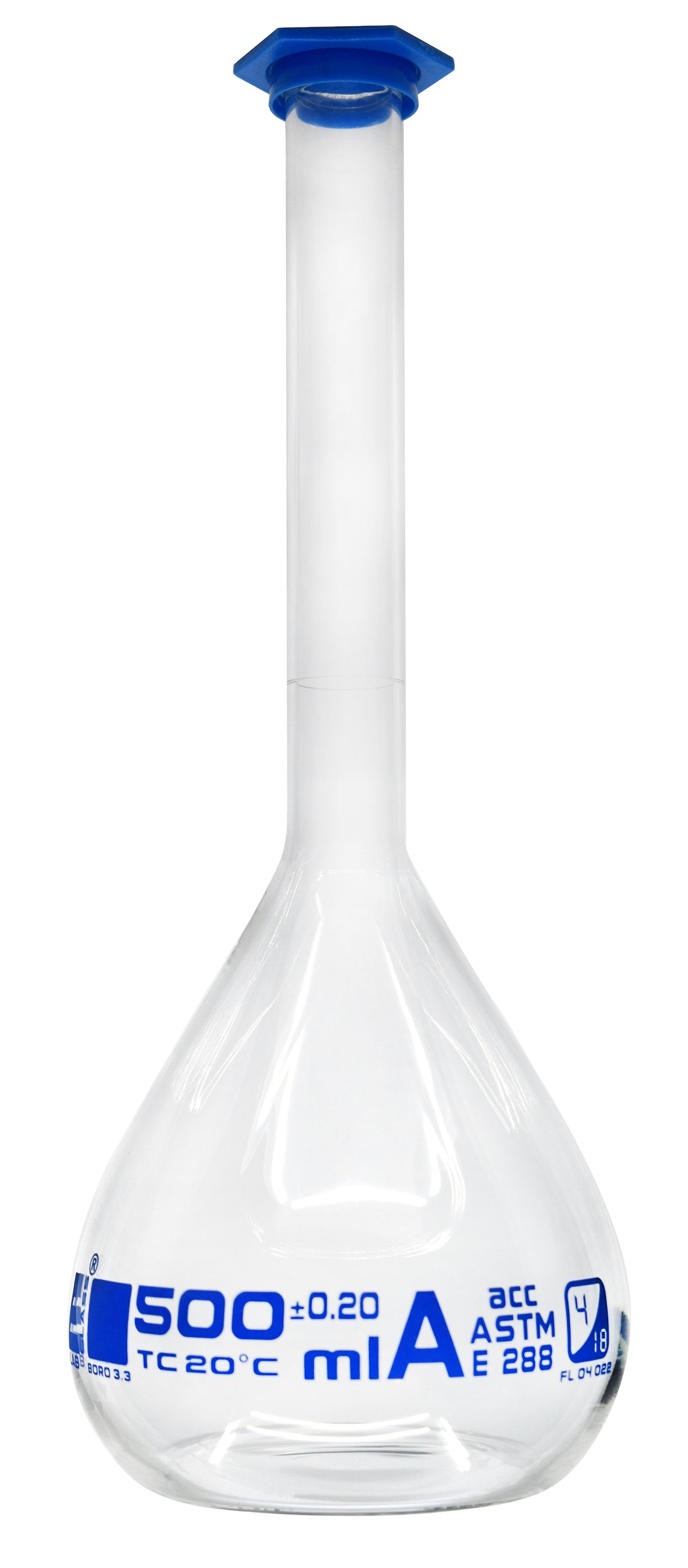 Volumetric Flask, 500ml - Snap Cap - Blue Graduation Mark, Tolerance ± ...