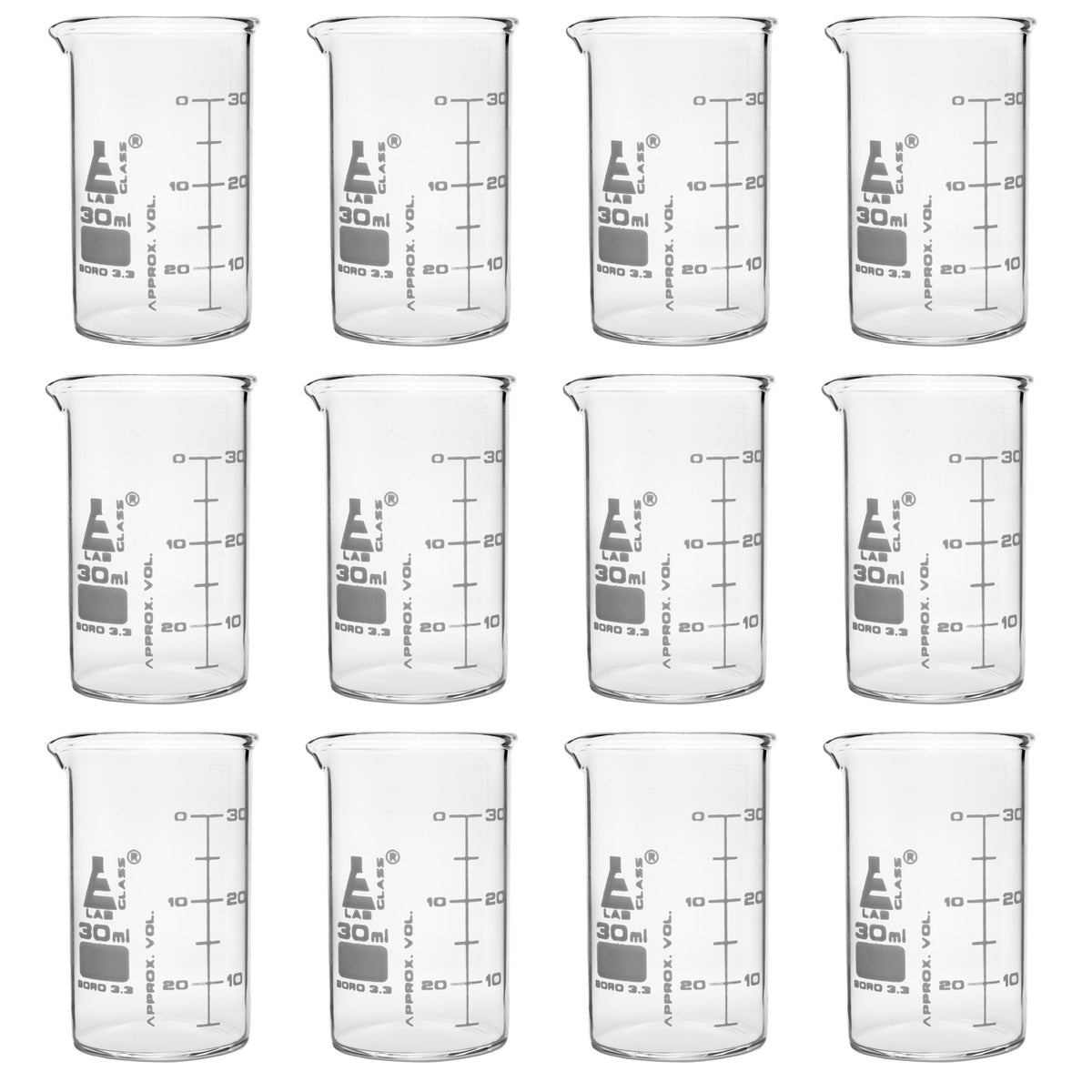 12 Pk Beakers, 30ml - ASTM - White Graduations - Borosilicate Glass ...