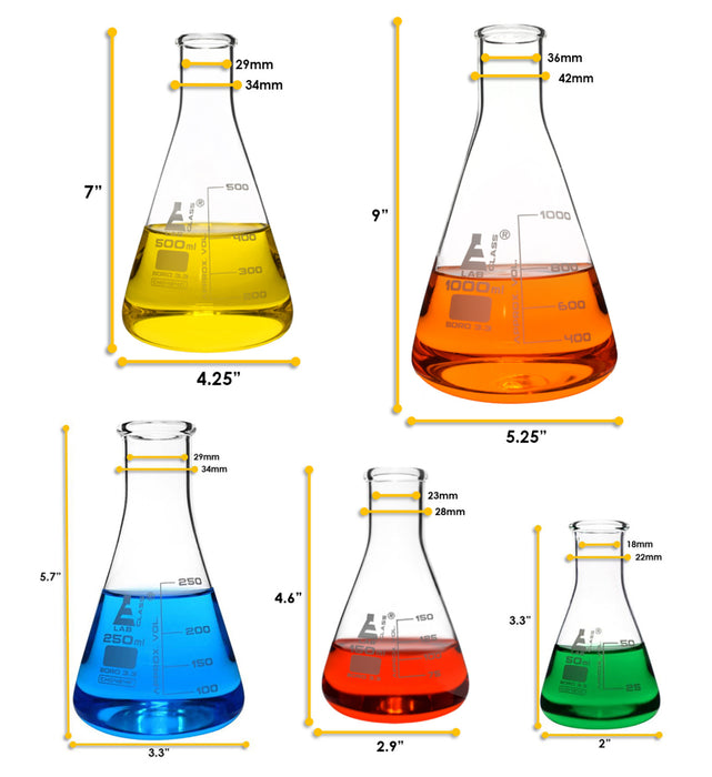 Premium Erlenmeyer Flask Set - 50ml, 150ml, 250ml, 500ml & 1000ml - Na ...