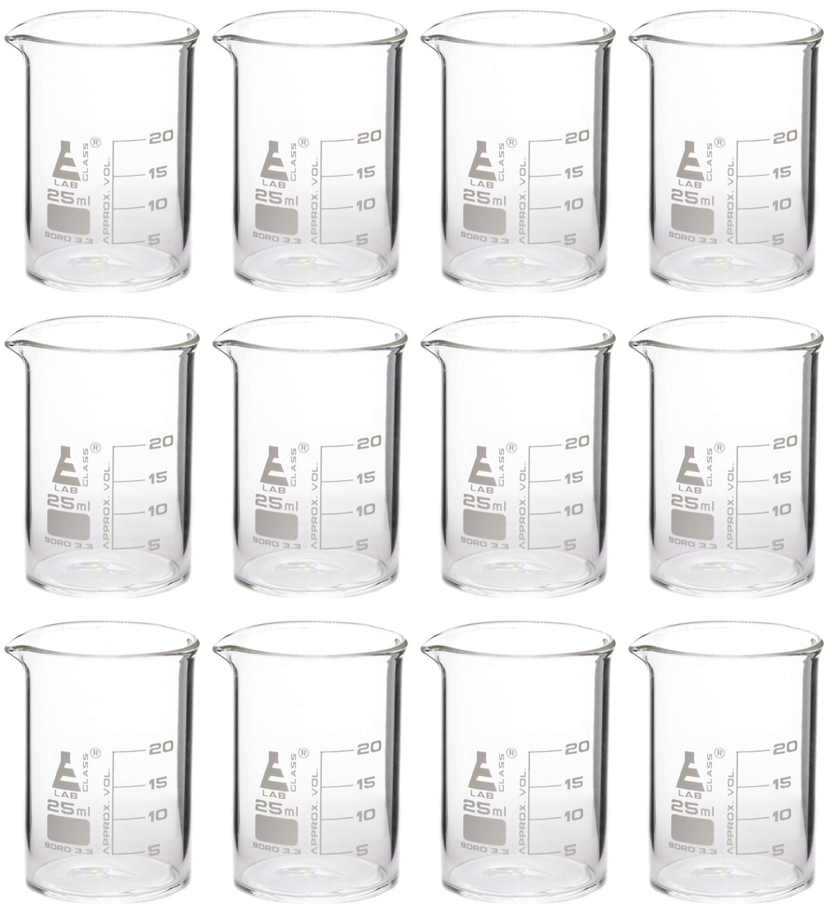 Beaker - 20mL, Borosilicate Glass, 5mL grad., Low form - Pack of 12 ...