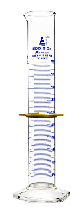500mL Glass Graduated Cylinder - Class A, Blue Single Scale & Hex Base — hBARSCI